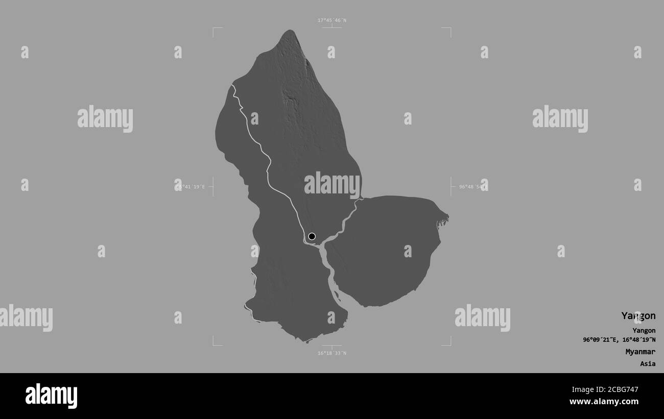 Area of Yangon, division of Myanmar, isolated on a solid background in ...