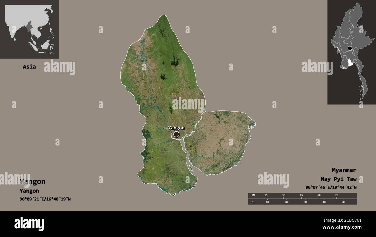 Shape of Yangon, division of Myanmar, and its capital. Distance scale ...