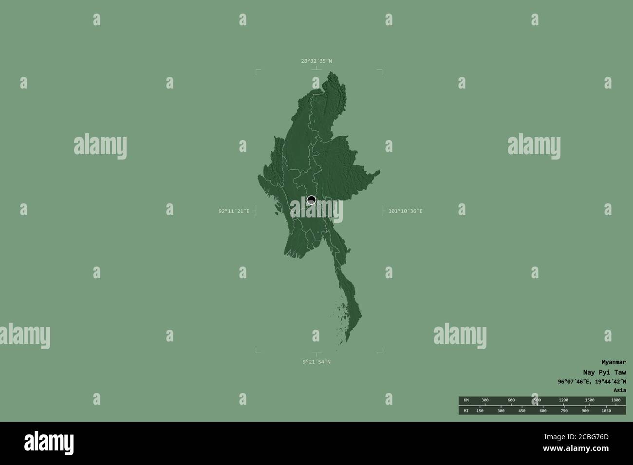 Area of Myanmar isolated on a solid background in a georeferenced ...