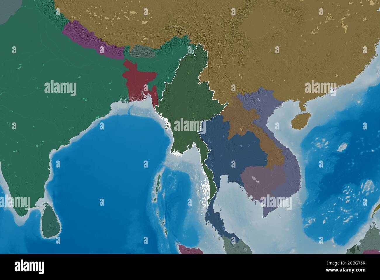 Extended area of outlined Myanmar. Colored elevation map. 3D rendering ...