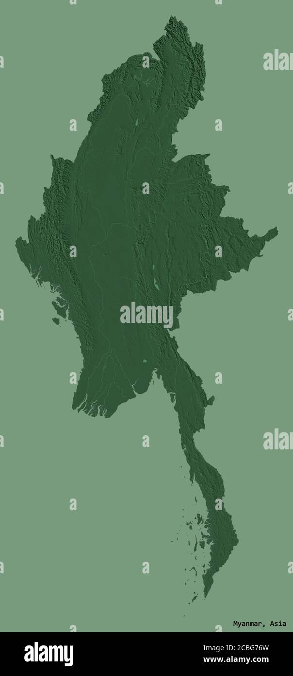Shape of Myanmar with its capital isolated on a solid color background ...