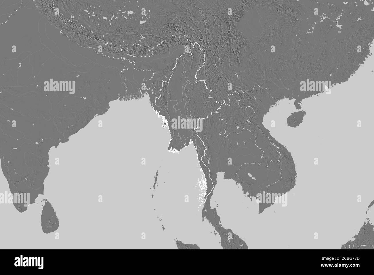 Extended area of Myanmar with country outline, international and ...