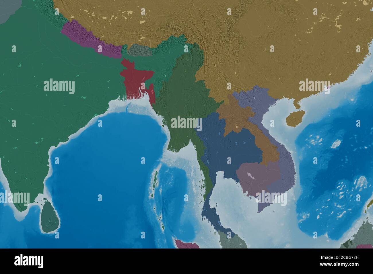 Extended area of Myanmar. Colored elevation map. 3D rendering Stock ...