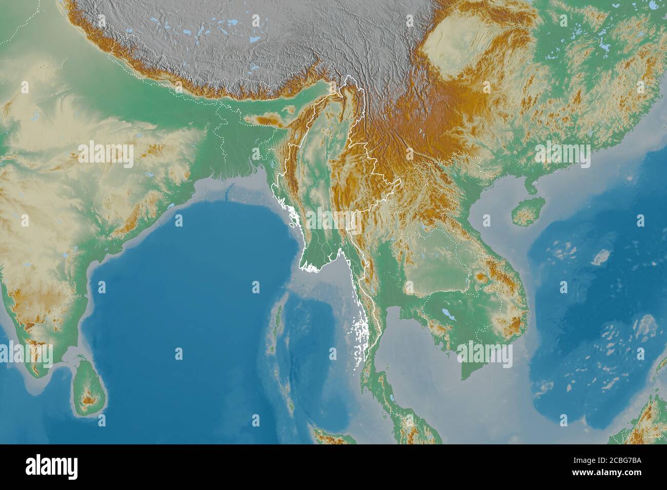 Extended area of Myanmar with country outline, international and ...