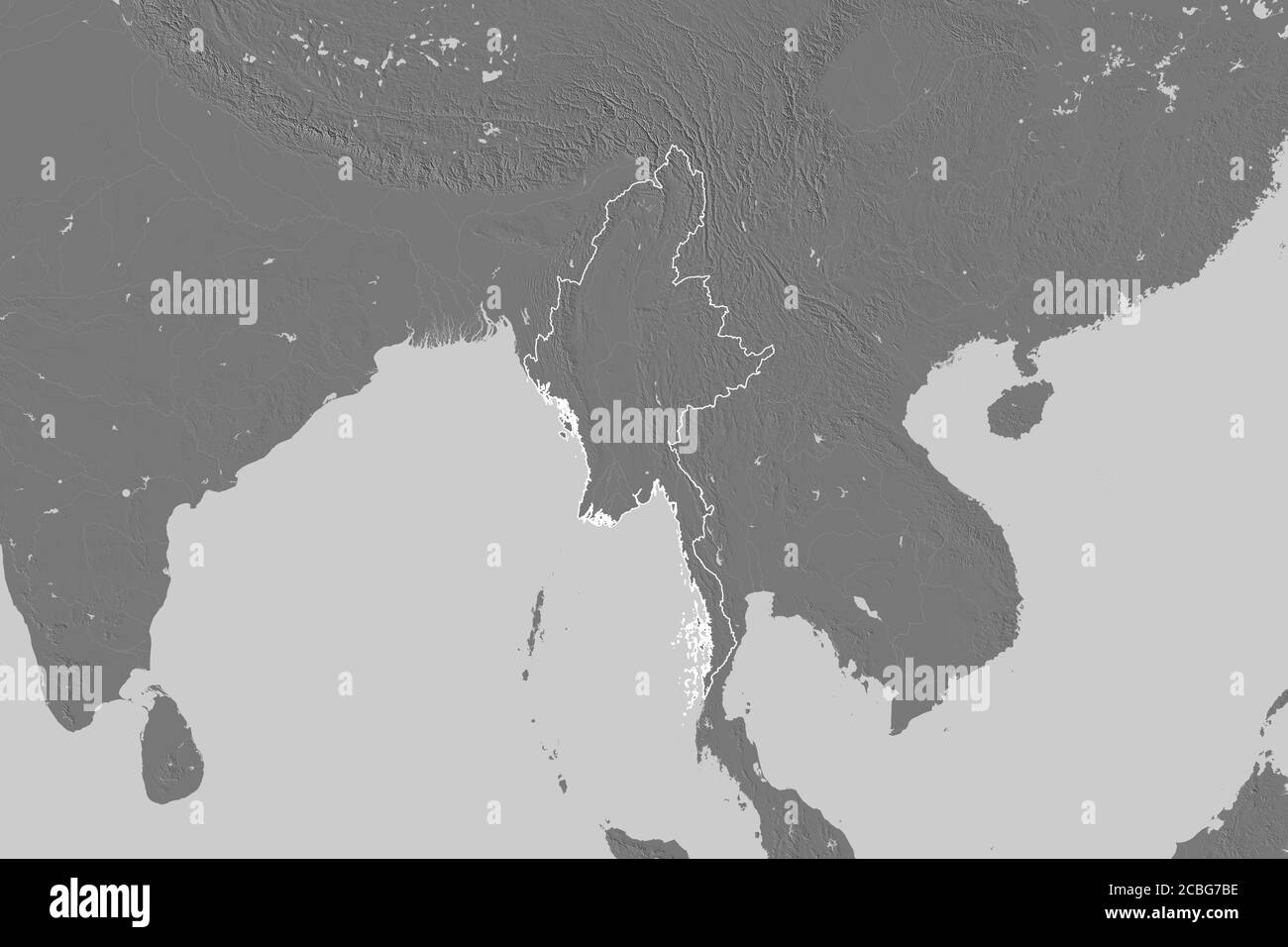 Extended area of outlined Myanmar. Bilevel elevation map. 3D rendering ...
