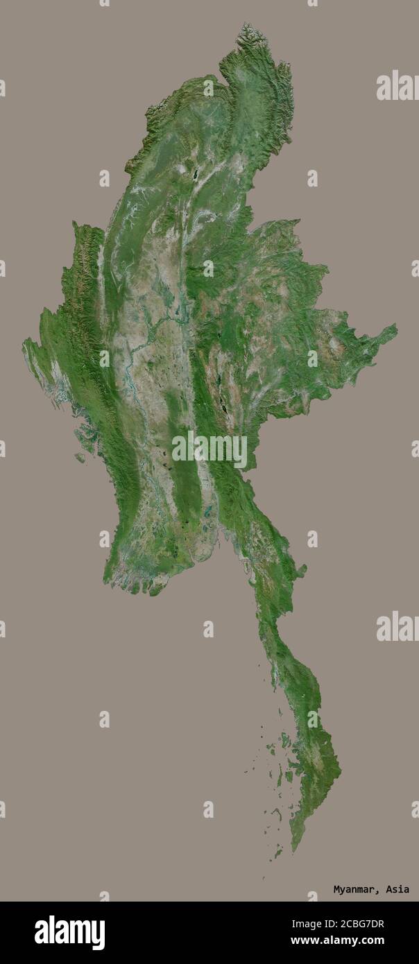 Shape of Myanmar with its capital isolated on a solid color background ...