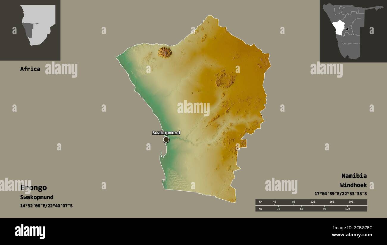 Shape of Erongo, region of Namibia, and its capital. Distance scale ...