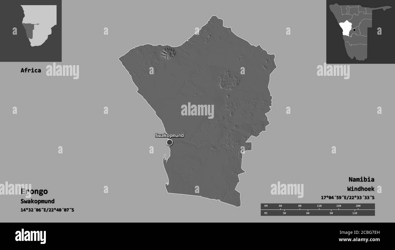 Shape of Erongo, region of Namibia, and its capital. Distance scale ...