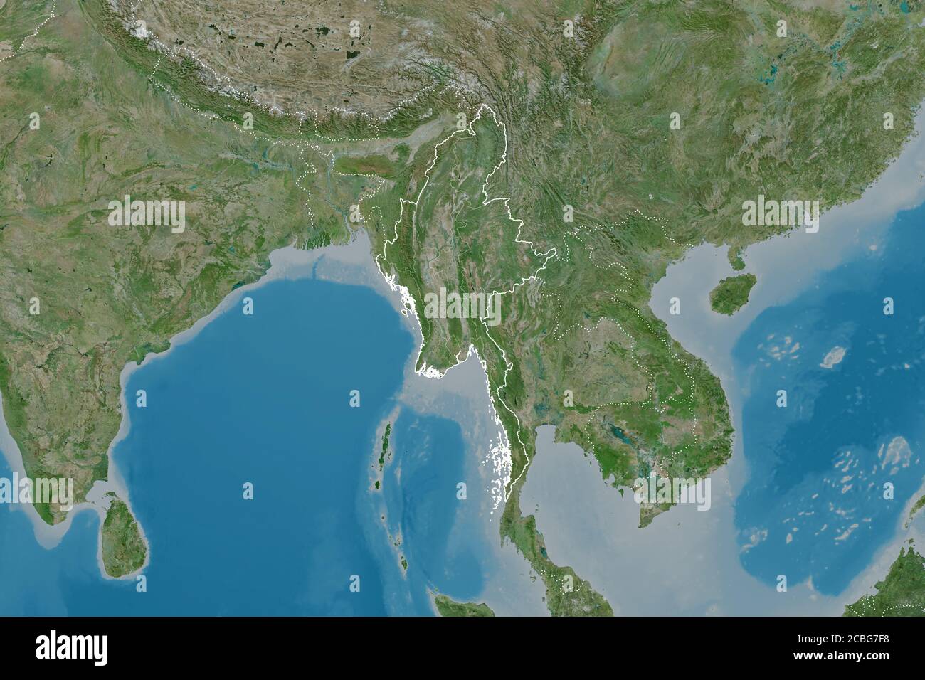 Extended area of Myanmar with country outline, international and ...