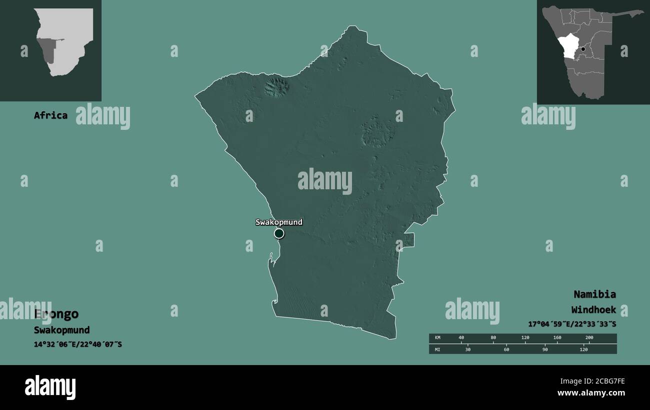 Shape of Erongo, region of Namibia, and its capital. Distance scale ...