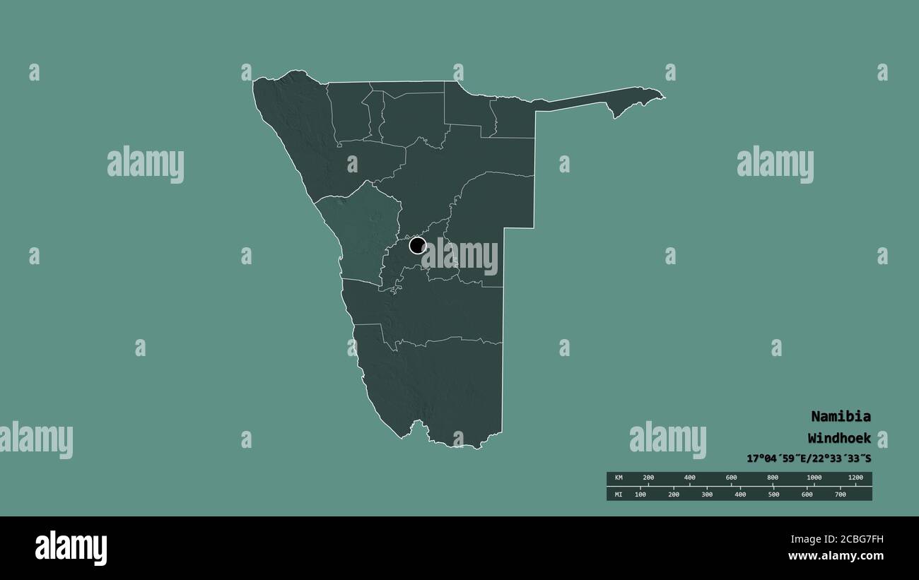 Desaturated shape of Namibia with its capital, main regional division ...