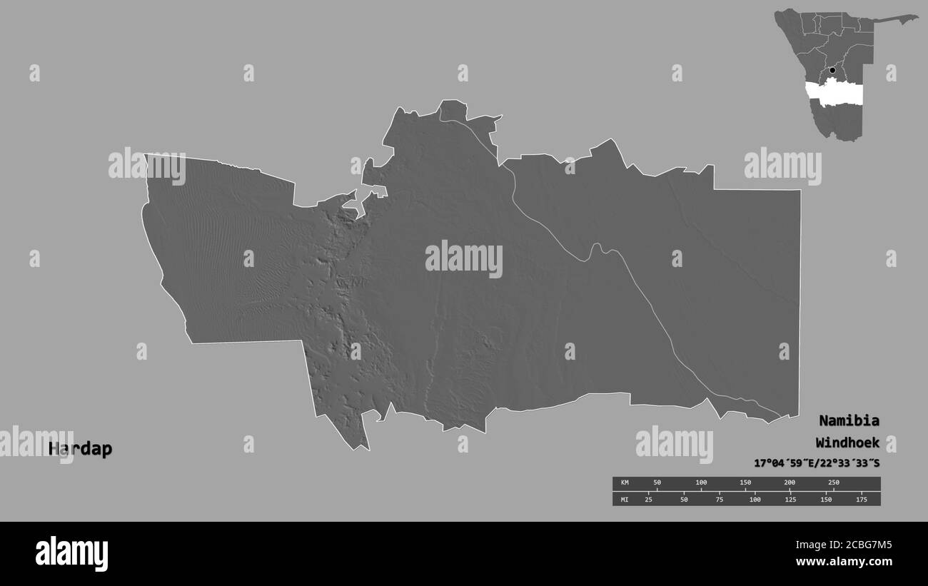 Shape of Hardap, region of Namibia, with its capital isolated on solid ...