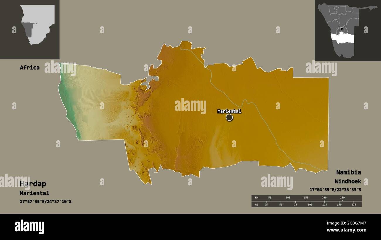 Shape of Hardap, region of Namibia, and its capital. Distance scale ...