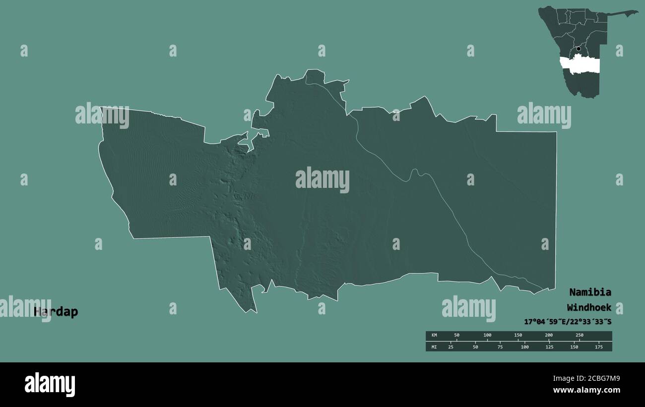 Shape of Hardap, region of Namibia, with its capital isolated on solid ...