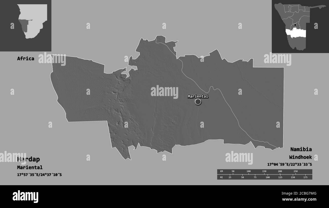 Shape of Hardap, region of Namibia, and its capital. Distance scale ...