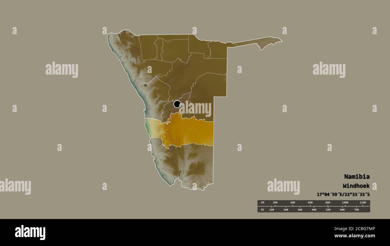 Desaturated shape of Namibia with its capital, main regional division ...