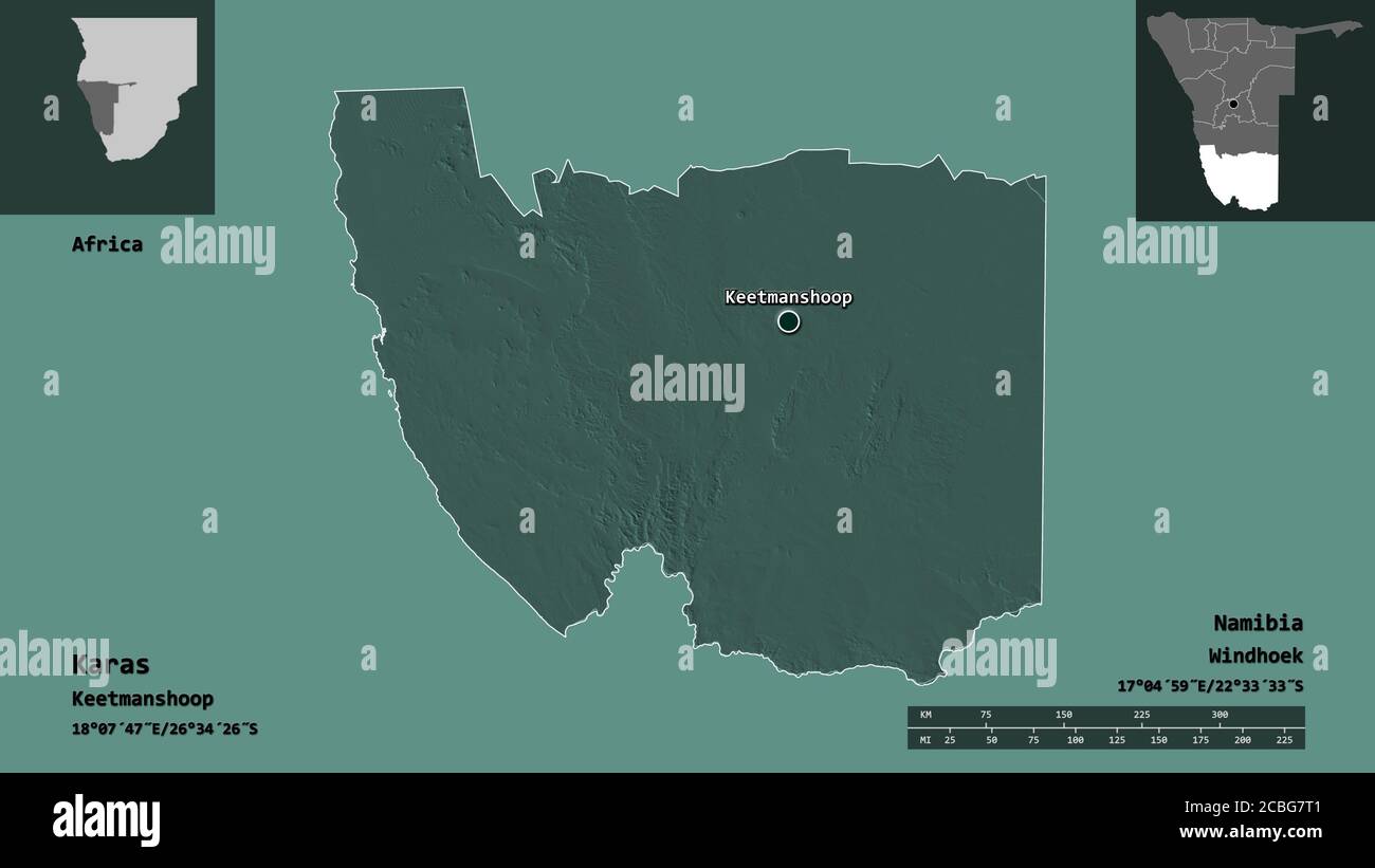 Shape of Karas, region of Namibia, and its capital. Distance scale ...