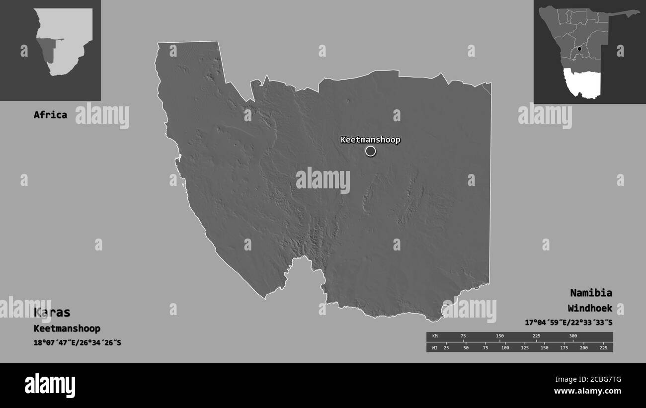 Shape of Karas, region of Namibia, and its capital. Distance scale ...
