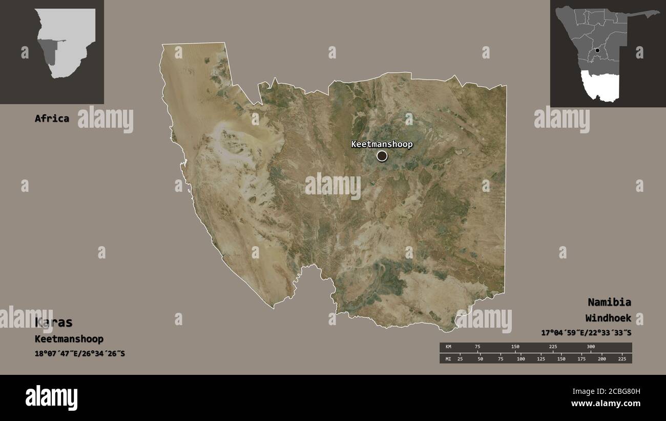 Shape of Karas, region of Namibia, and its capital. Distance scale ...