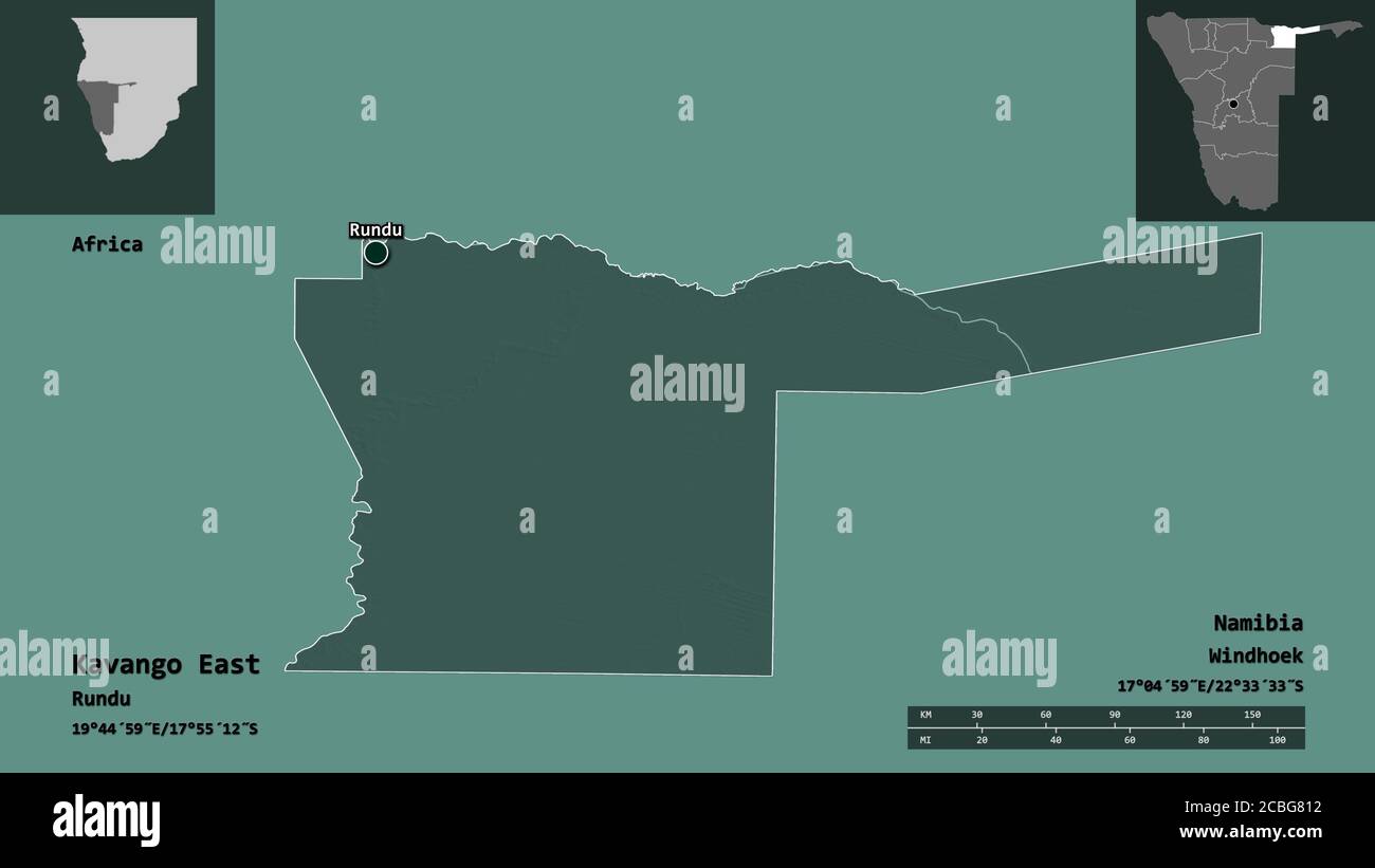 Shape of Kavango East, region of Namibia, and its capital. Distance ...