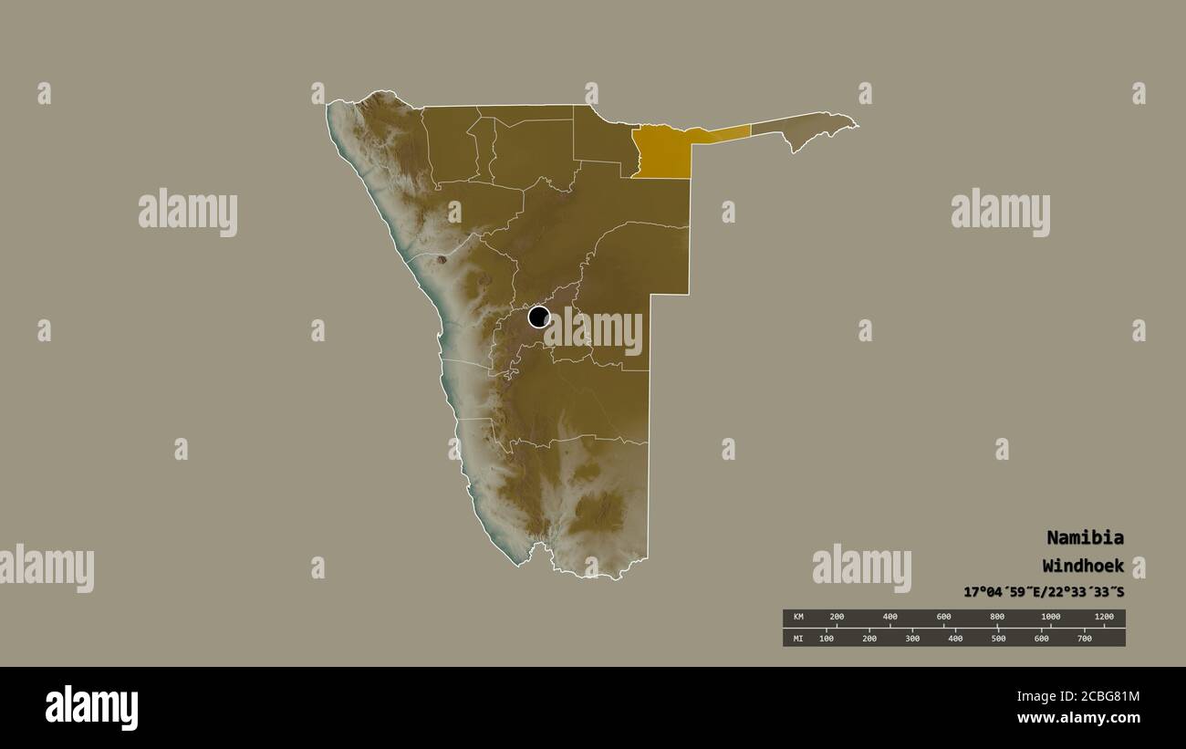 Desaturated shape of Namibia with its capital, main regional division ...