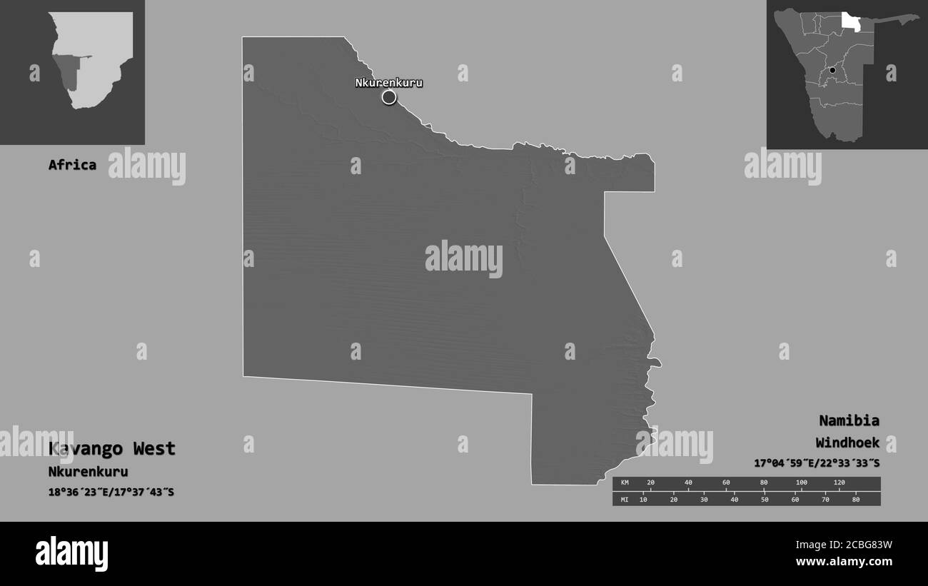 Shape of Kavango West, region of Namibia, and its capital. Distance ...
