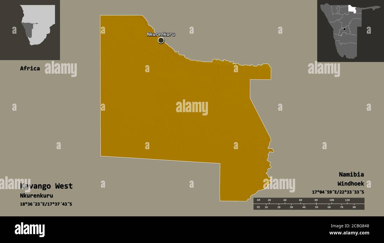Shape of Kavango West, region of Namibia, and its capital. Distance ...