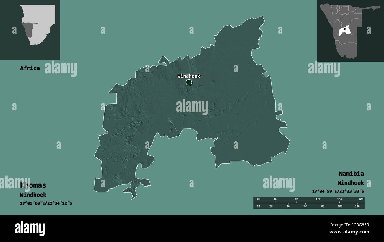 Shape of Khomas, region of Namibia, and its capital. Distance scale ...