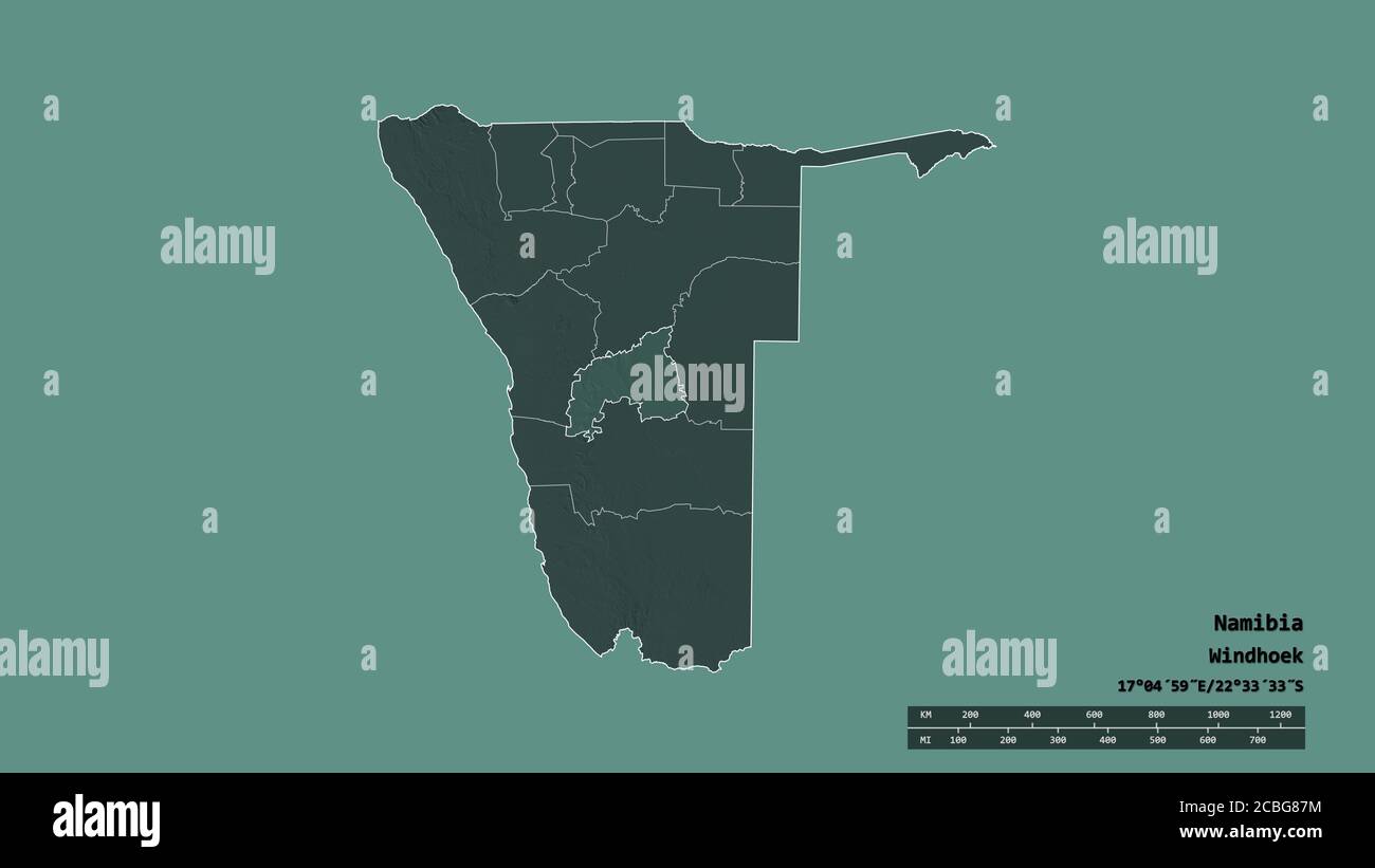 Desaturated shape of Namibia with its capital, main regional division ...