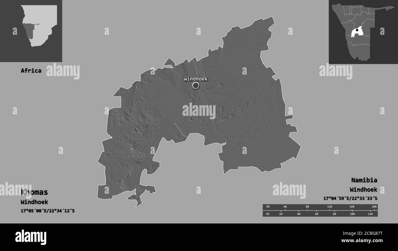 Shape of Khomas, region of Namibia, and its capital. Distance scale ...