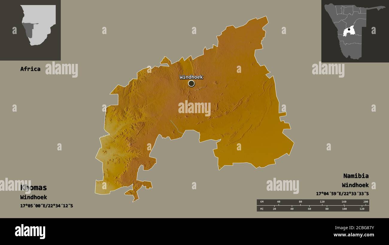 Shape of Khomas, region of Namibia, and its capital. Distance scale ...