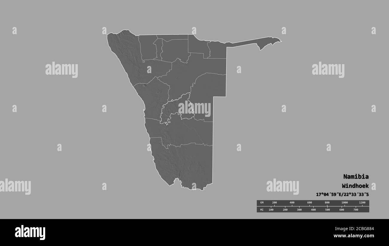 Desaturated shape of Namibia with its capital, main regional division ...