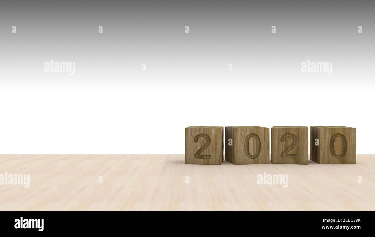 3d rendering image of 2020 wooden cubes placed on the wooden floor ...
