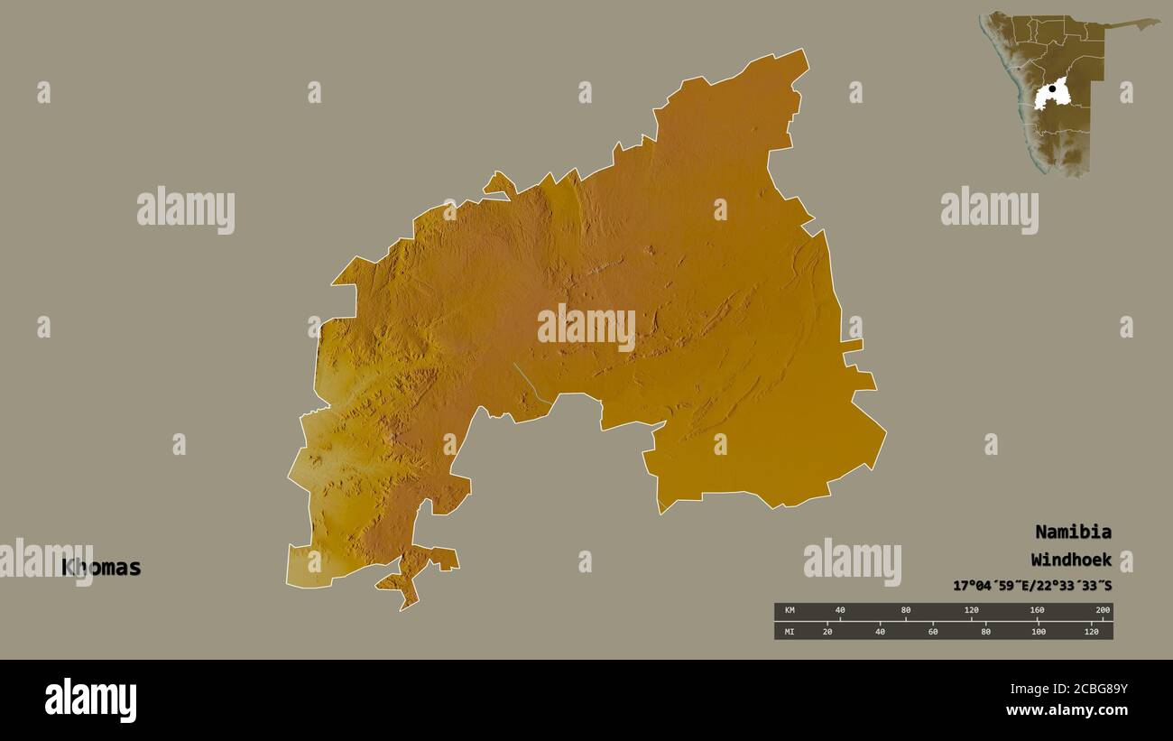 Shape of Khomas, region of Namibia, with its capital isolated on solid ...