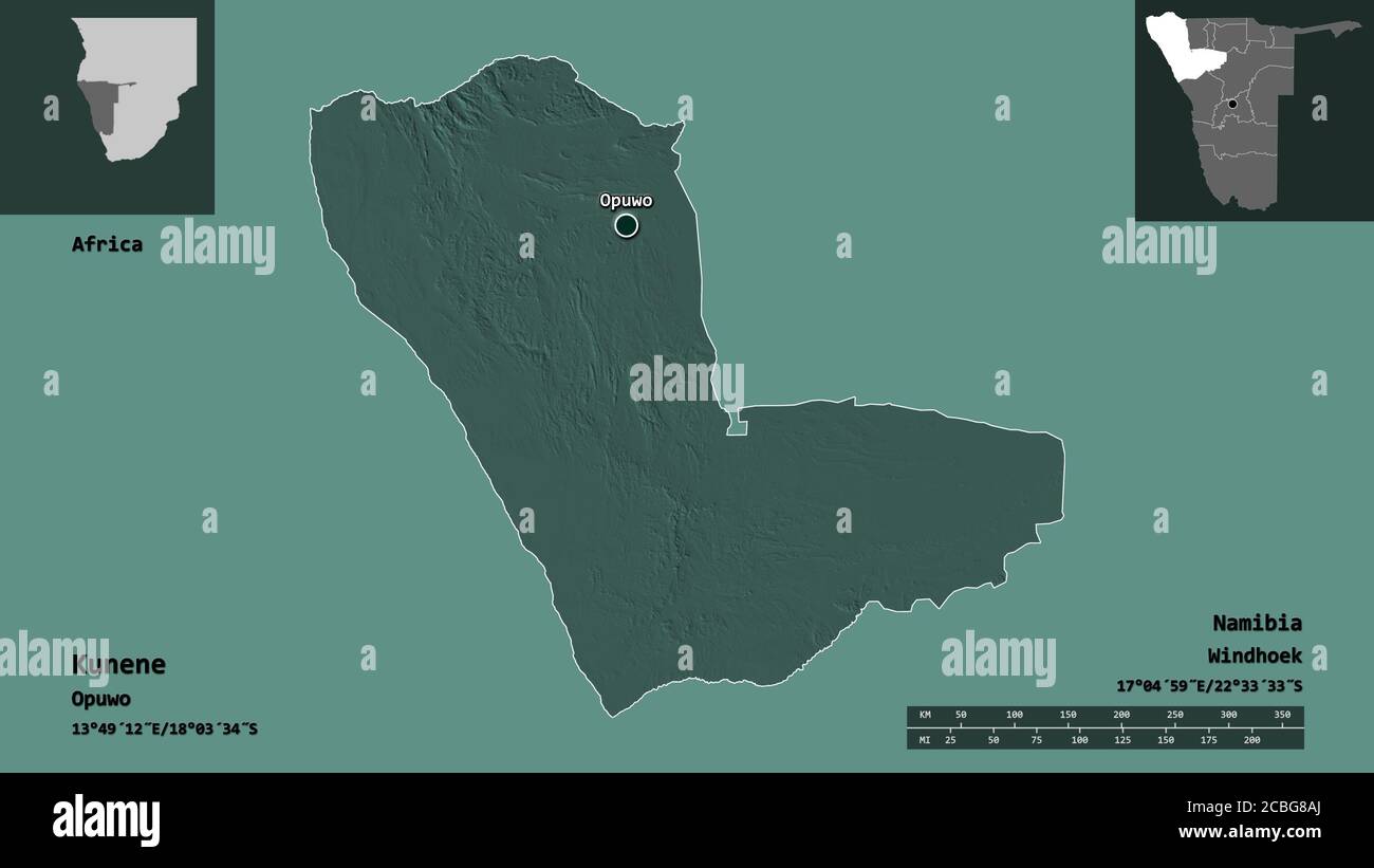 Shape of Kunene, region of Namibia, and its capital. Distance scale ...