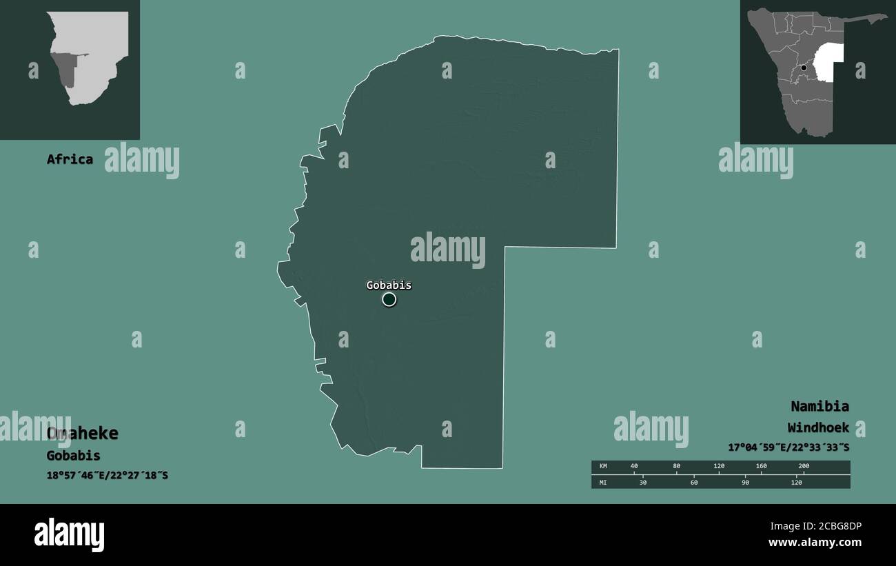 Shape of Omaheke, region of Namibia, and its capital. Distance scale ...