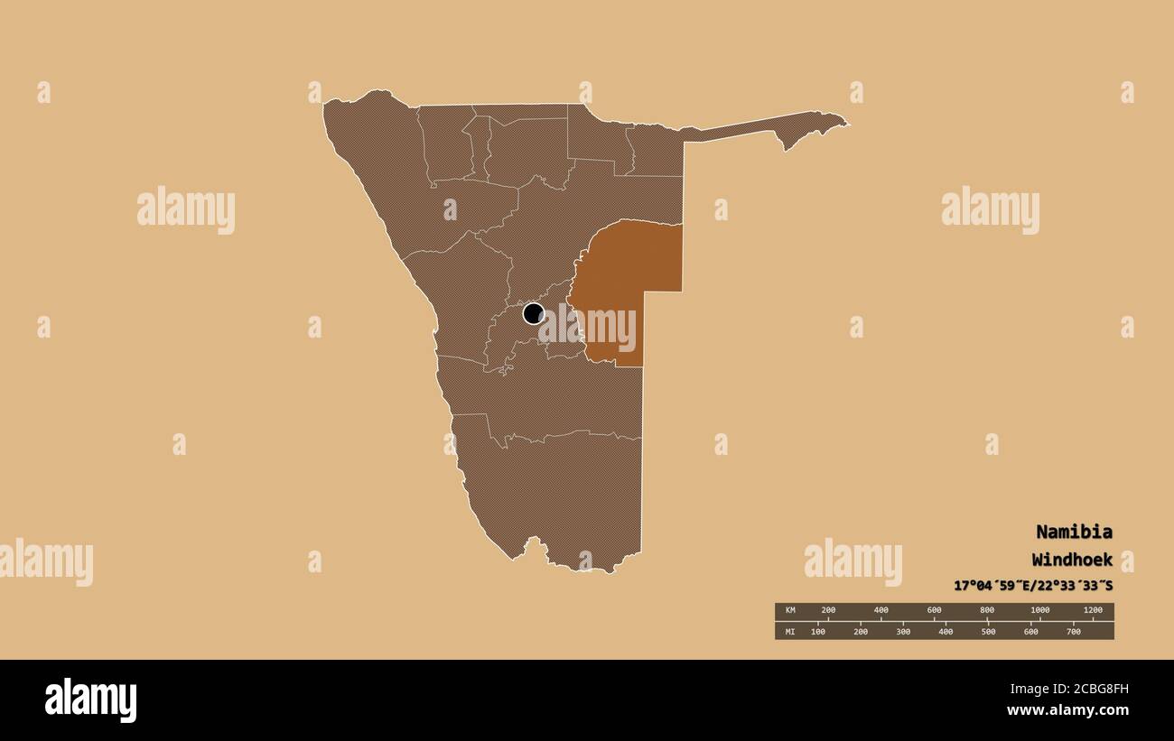 Desaturated shape of Namibia with its capital, main regional division ...