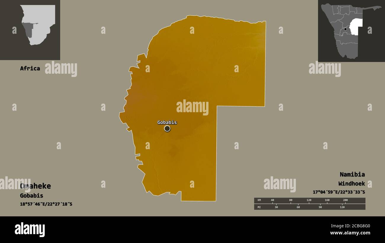 Shape of Omaheke, region of Namibia, and its capital. Distance scale ...