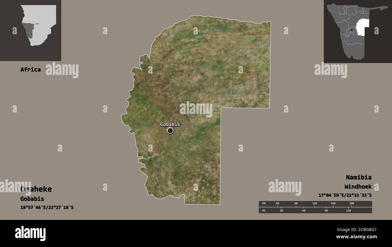Shape of Omaheke, region of Namibia, and its capital. Distance scale ...