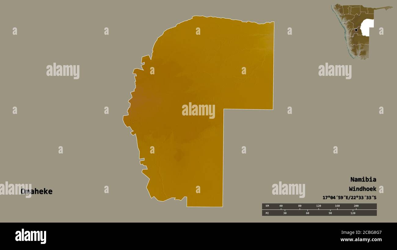 Shape of Omaheke, region of Namibia, with its capital isolated on solid ...