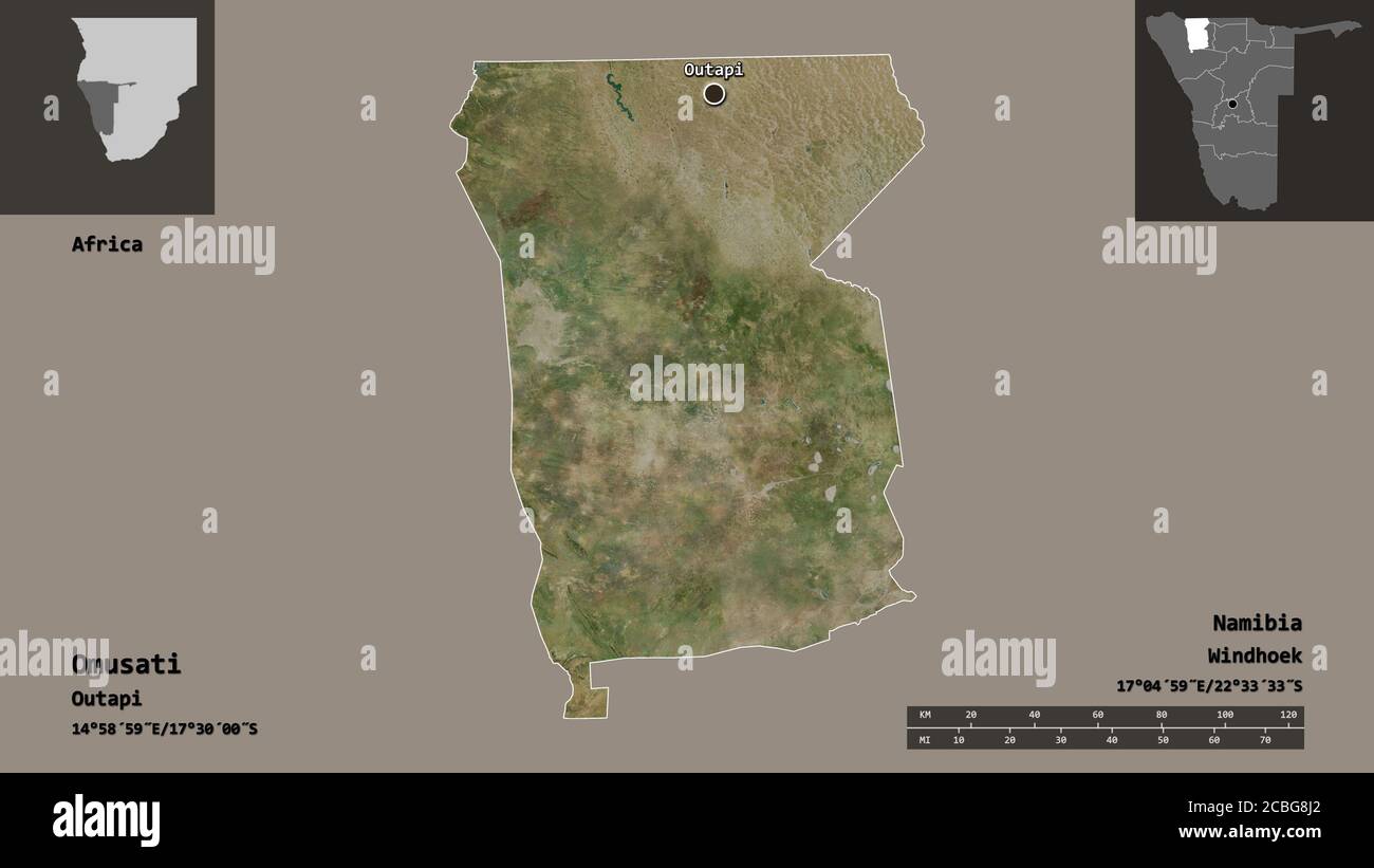 Shape of Omusati, region of Namibia, and its capital. Distance scale ...