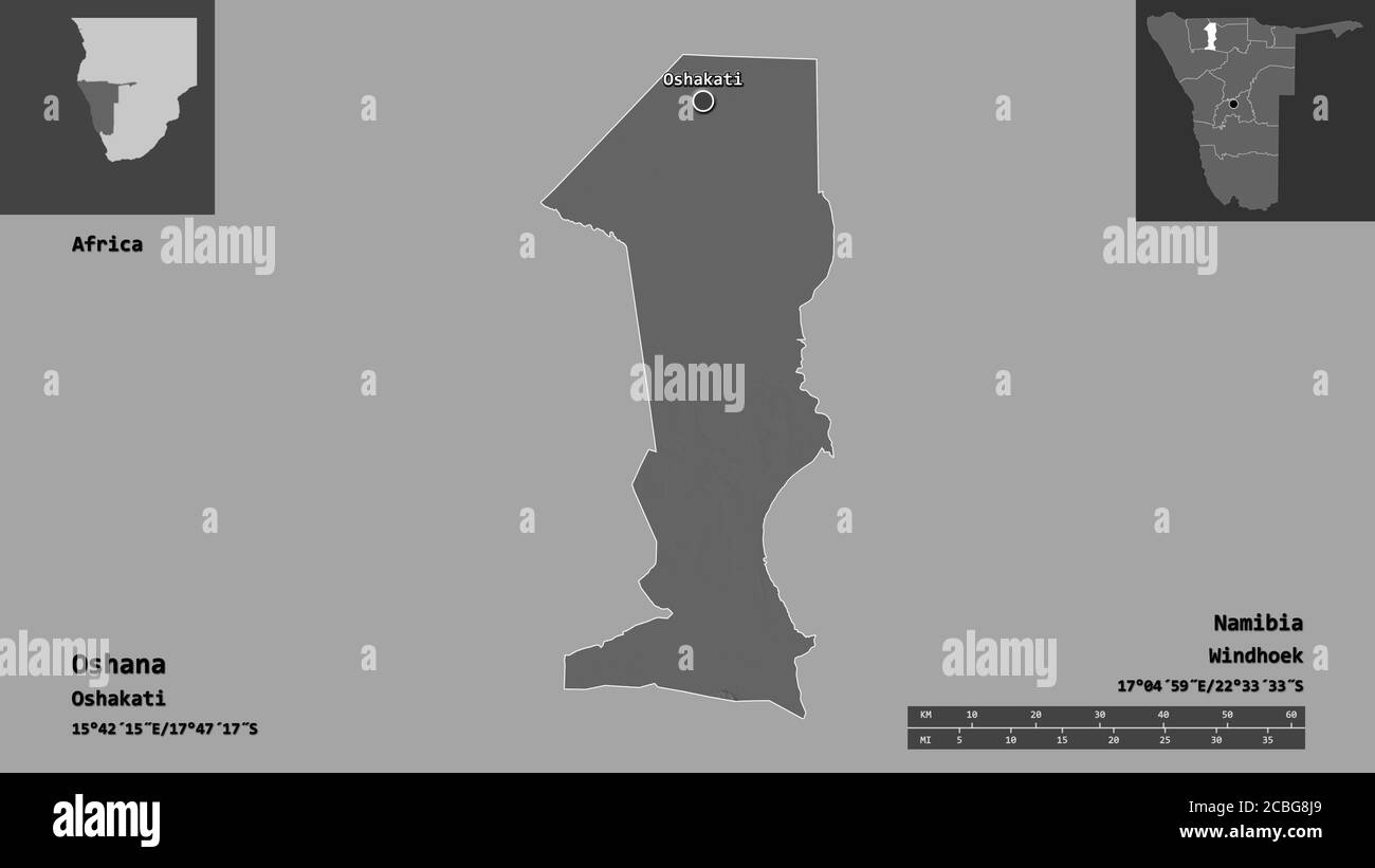 Shape of Oshana, region of Namibia, and its capital. Distance scale ...