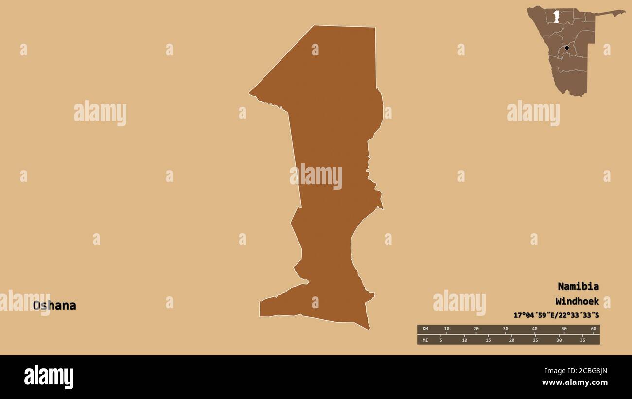 Shape of Oshana, region of Namibia, with its capital isolated on solid ...