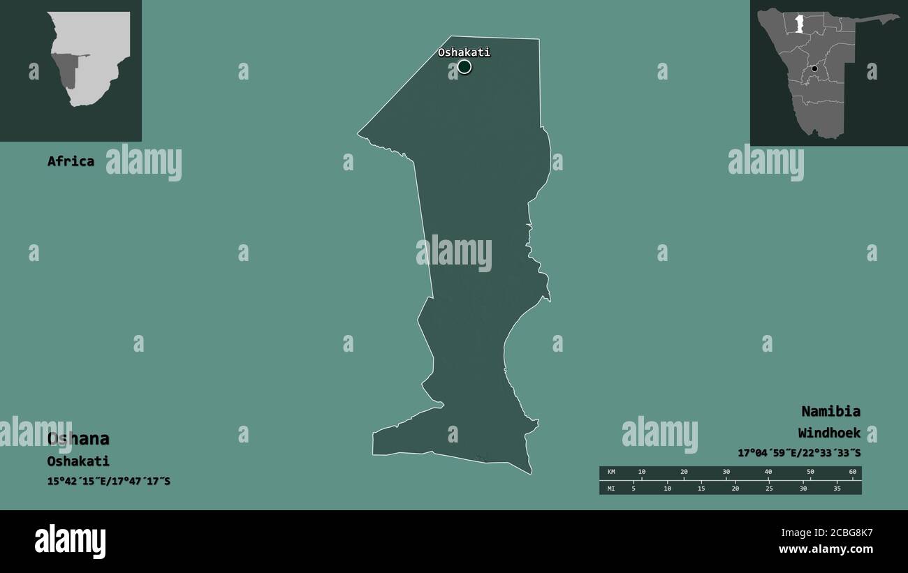 Shape of Oshana, region of Namibia, and its capital. Distance scale ...