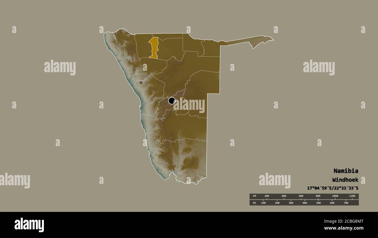 Desaturated shape of Namibia with its capital, main regional division ...