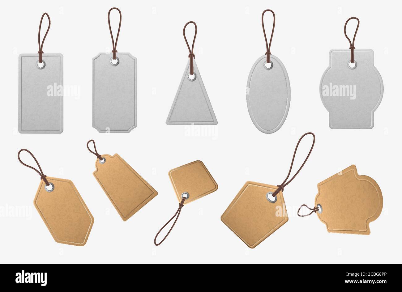 Paper price tags. Realistic blank cardboard labels with ropes, vintage ...