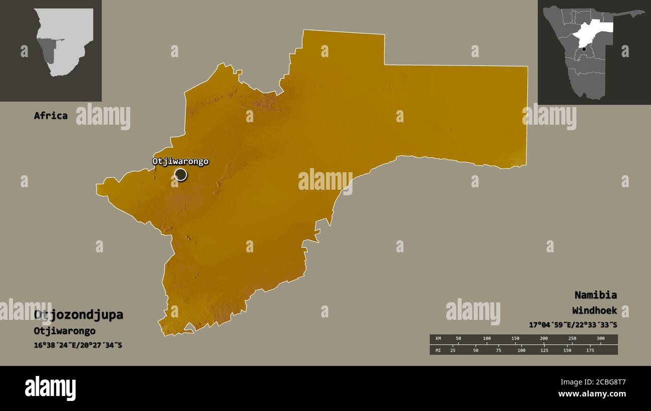 Shape of Otjozondjupa, region of Namibia, and its capital. Distance ...