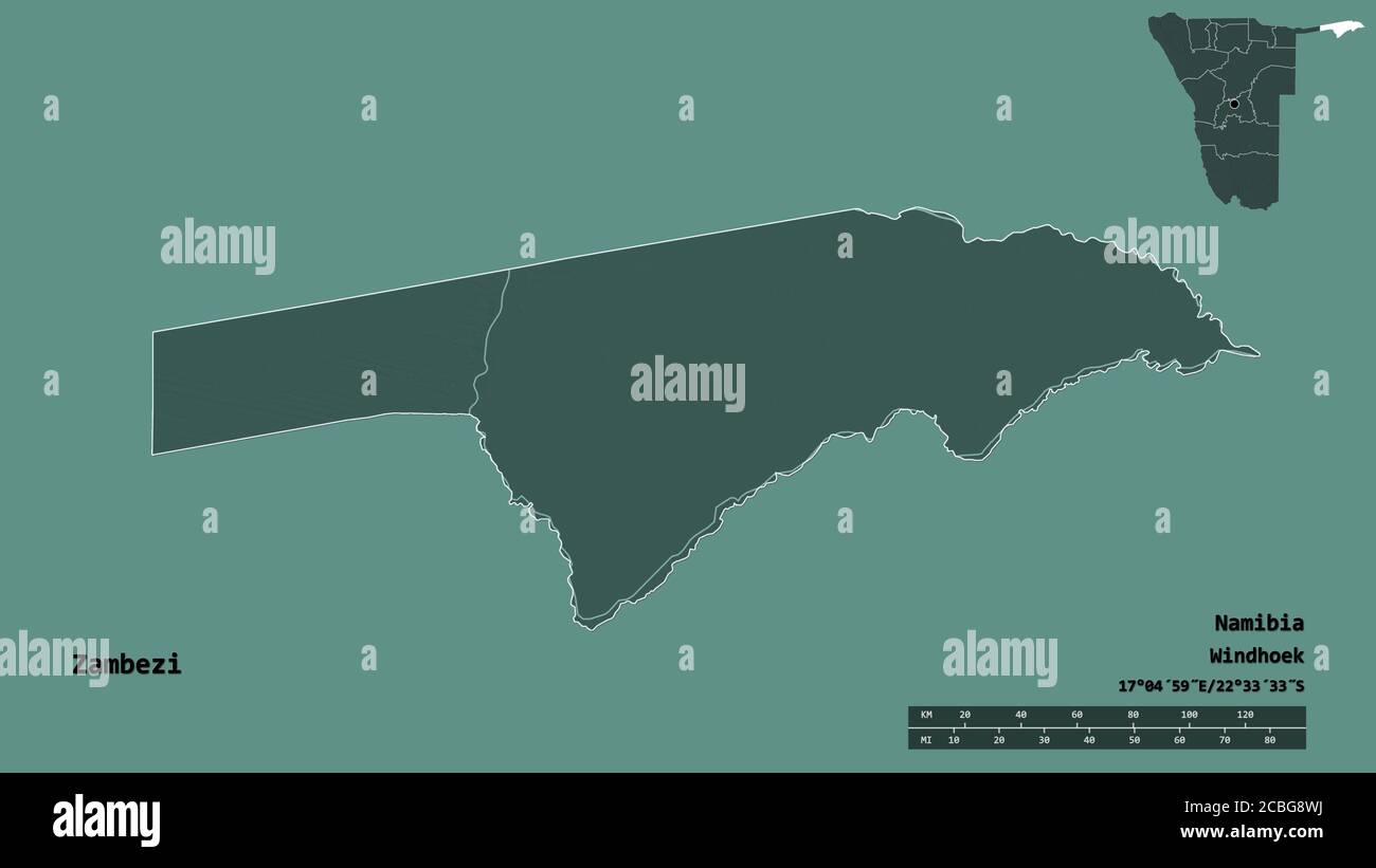 Shape of Zambezi, region of Namibia, with its capital isolated on solid ...