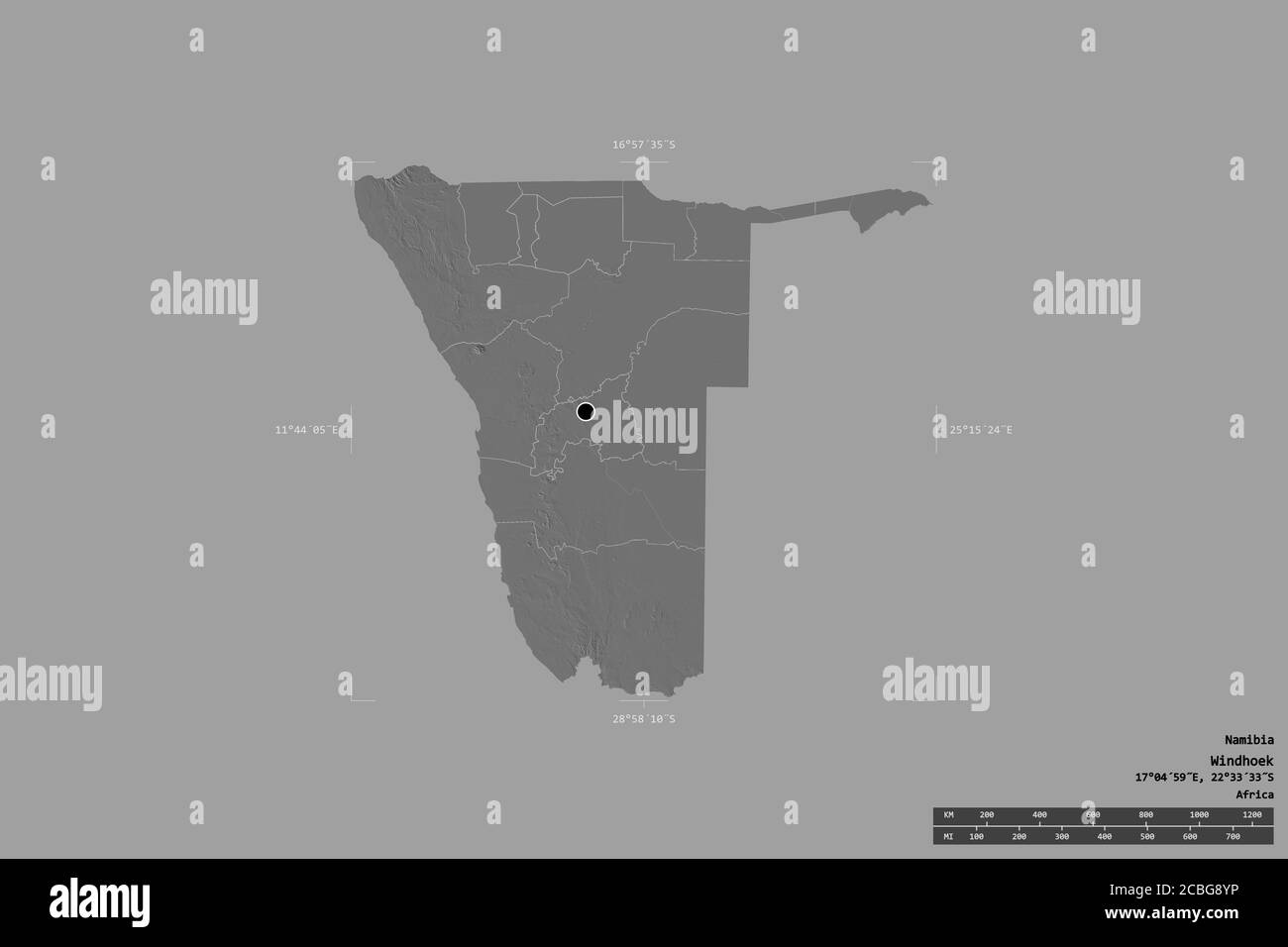Area of Namibia isolated on a solid background in a georeferenced ...