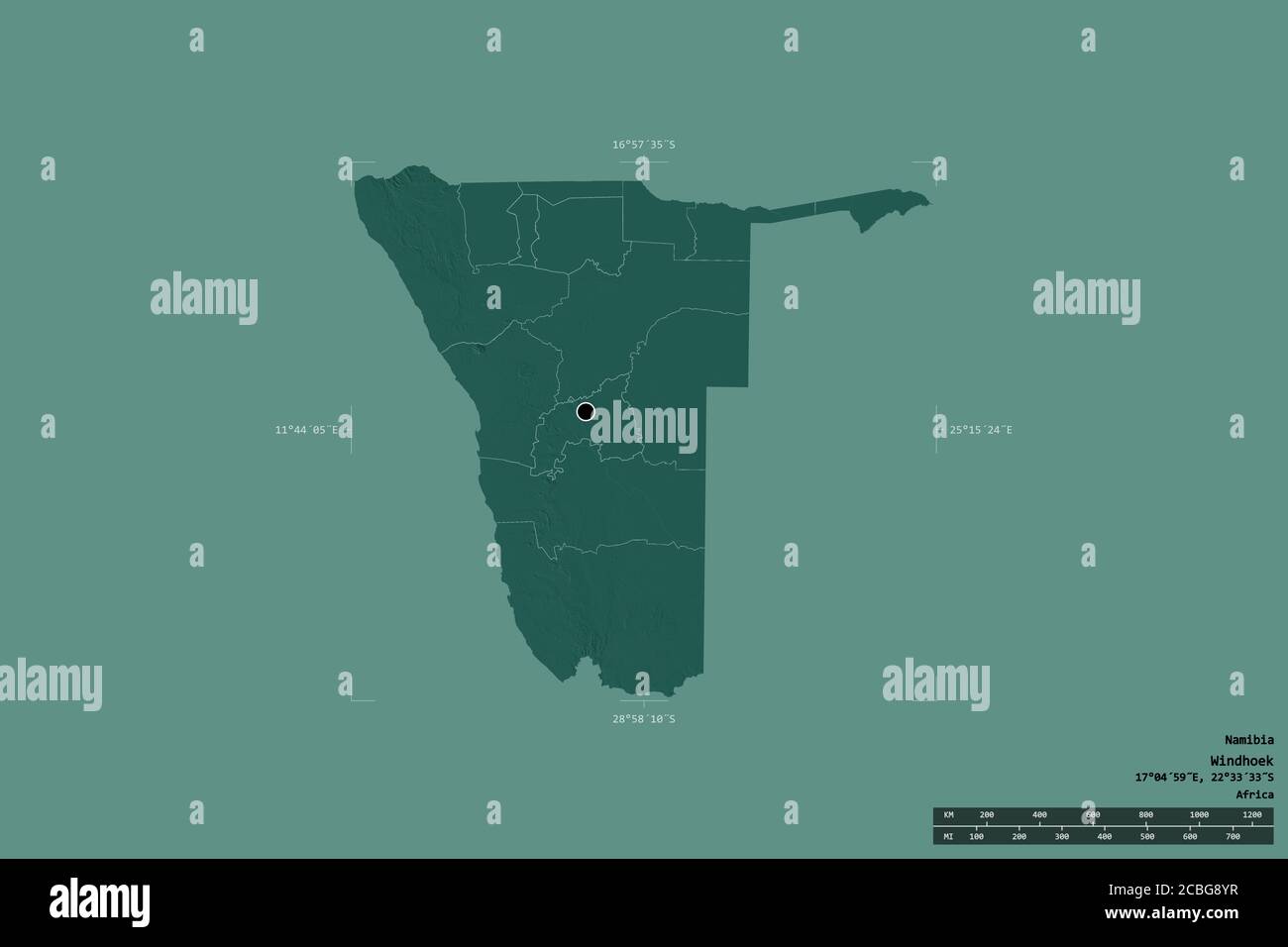 Area of Namibia isolated on a solid background in a georeferenced ...